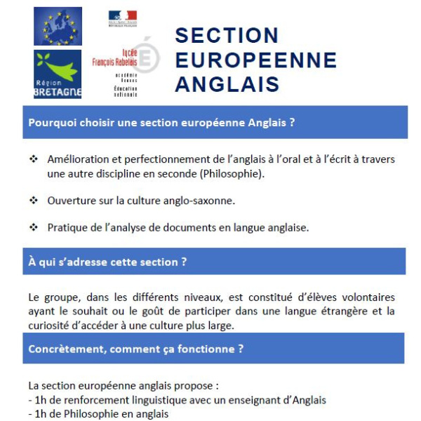 Section Européenne Anglais candidature 2024-2025 - Lycée RABELAIS - SAINT-BRIEUC